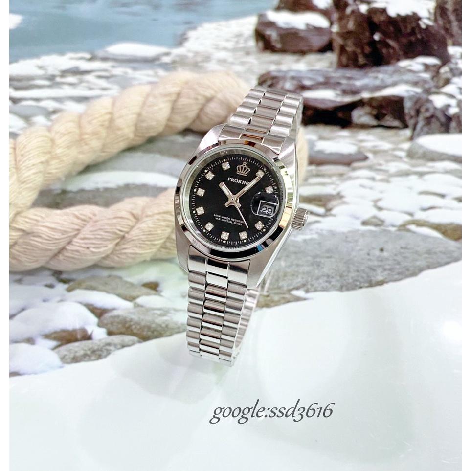 PROKING皇冠鑽錶 日本機芯/日期款/強化玻璃/不鏽鋼帶/石英錶 整點鑲鑽/紳士高貴氣質 台灣製造4002黑面鑽 |經緯度鐘錶 KING ...